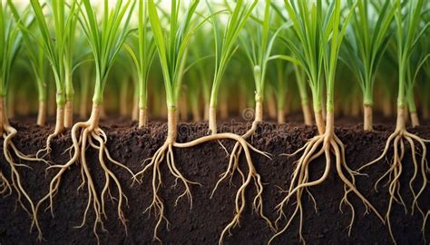 Underground View Of Grass Root System In Soil Green Grass Blades Above