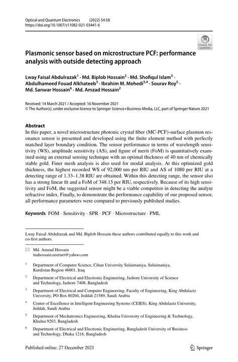 Pdf Plasmonic Sensor Based On Microstructure Pcf Performance Analysis With Outside Detecting