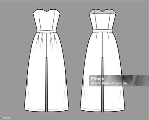 발목 길이 정상 허리 상승 더블 플리츠 스트랩리스가 있는 점프수트 퀼로트 전체 적인 테크니컬 패션 일러스트 0명에 대한 스톡 벡터 아트 및 기타 이미지 Istock