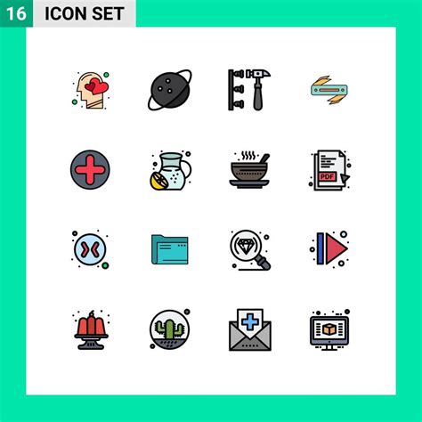 16 Universal Flat Color Filled Lines Set For Web And Mobile Applications Sign Blade Screw Sharp
