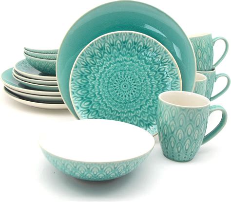 Euro Ceramica Peacock Collection Dinnerware Set Service For 4 Lagoon Dinnerware Sets