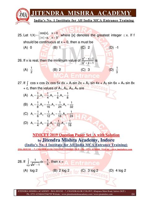 Nimcet 2019 Question Paper Set A Jitendra Mishra Academy Indore Mp