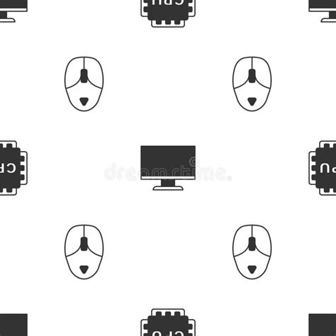 Set Processor With Cpu Computer Monitor Screen And Mouse On Seamless Pattern Vector Stock