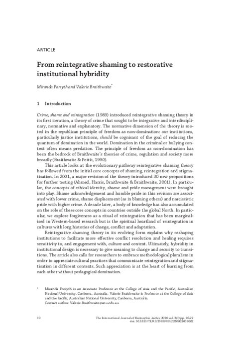 Pdf From Reintegrative Shaming To Restorative Institutional Hybridity