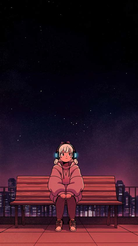 Download Anime Girl With Headphones On Rooftop At Night Wallpaper