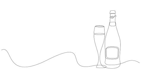 샴페인 병과 유리 단일 연속 선 그리기 건배 하나의 라인 아트 휴일 발렌타인 데이 또는 새해 디자인을 위한 윤곽선 축제 훈장 예술에 대한 스톡 벡터 아트 및 기타 이미지