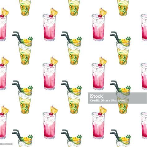 여름 칵테일 모 히 토와 플랜 터 스 펀치 수채화 일러스트 패턴 0명에 대한 스톡 벡터 아트 및 기타 이미지 0명 녹색 다중 색상 Istock