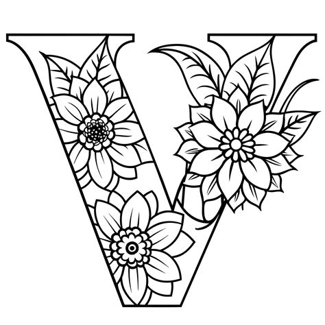 Alphabet V Coloring Page With The Flower V Letter Digital Outline
