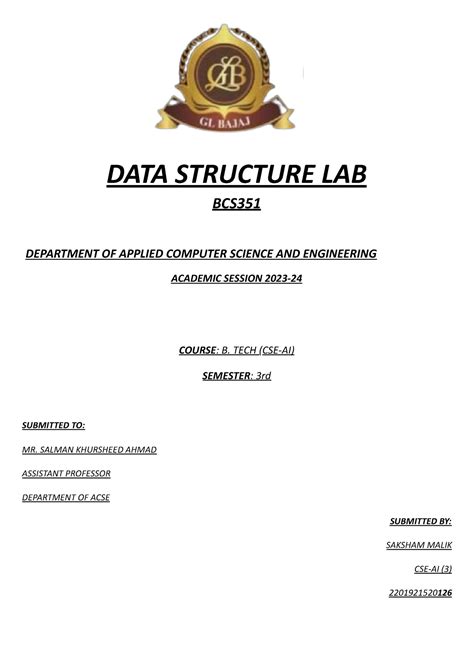 data structure practicals saksham malik 126 data structure lab bcs department of applied