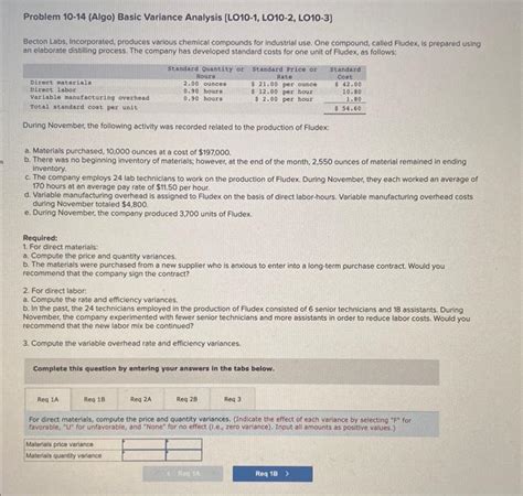 solved problem 10 14 algo basic variance analysis [lo10 1