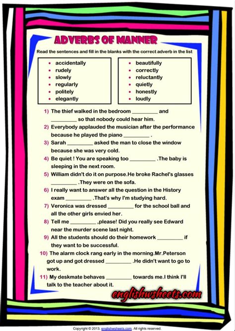 Adverbs Of Manner Esl Grammar Exercise Worksheet Adverbs English Grammar Worksheets Adverbs