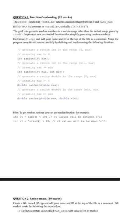 Solved Question 1 Function Overloading 20 Marks The Rand