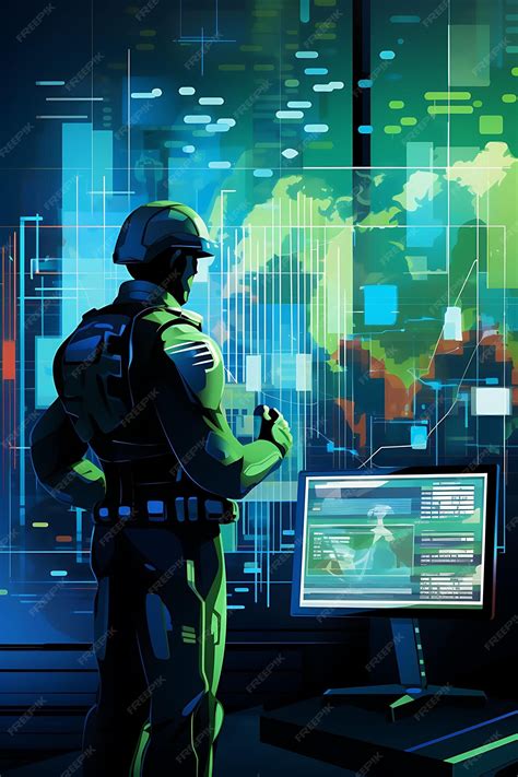Premium Ai Image Intelligence Analyst Soldier Analyzing Data Information Scre Poster Design 2d