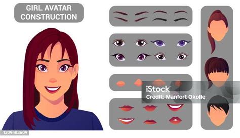 아바타 창조를위한 여자 얼굴 건설 팩 여성 아바타는 머리와 머리 스타일 눈 코 입 눈썹으로 구축합니다 프리미엄 벡터 세트 눈