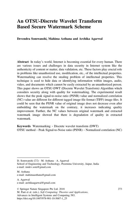 Pdf An Otsu Discrete Wavelet Transform Based Secure Watermark Scheme