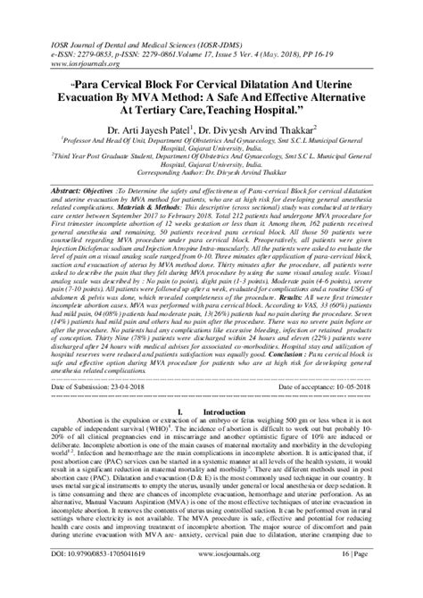Pdf “para Cervical Block For Cervical Dilatation And Uterine Evacuation By Mva Method A Safe