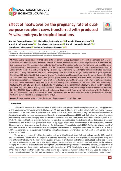 Pdf Effect Of Heatwaves On The Pregnancy Rate Of Dual Purpose Recipient Cows Transferred With