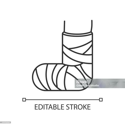 깨진 발 픽셀 완벽한 선형 아이콘 뼈 골절 석고에 다리 부상 절단 된 사지 얇은 선 사용자 정의 일러스트레이션 윤곽 기호입니다 벡터 격리 된 윤곽선 도면입니다 편집 가능한
