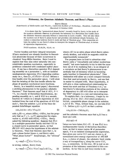 Holonomy The Quantum Adiabatic Theorem And Berrys Phase Download