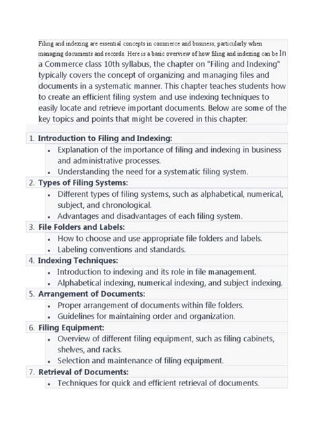 Filing And Indexing Are Essential Concepts In Commerce And Business Pdf