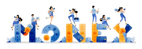 돈이라는 단어를 구성하는 돈 더미의 벡터 일러스트레이션 사람들은 금융 활동을 쉽게하기 위해 은행 시설에서 돈을 절약 할 수