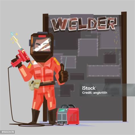 가스 용접 기계를 들고 보호 마스크에 용접기 용접된 금속 시트 프레 젠 테이 션 보드 캐릭터 디자인벡터 가죽에 대한 스톡 벡터