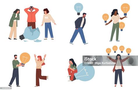 아이디어 전구 사람들 영감과 위기 빛나는 전구를 가진 천재 사람 제동 램프를 가진 사람과 팀 성공과 실패한 솔루션 오늘날의 벡터