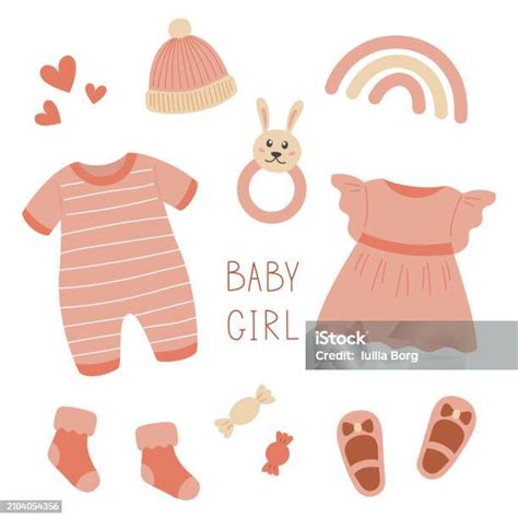갓 태어난 여자 아기 옷 세트는 낙서 요소와 손으로 쓴 텍스트입니다 핑크 베이비 샤워 요소 귀여운 바디 슈트 드레스 토끼 장난감 모자 신발 양말 무지개 및 사탕 0명에 대한