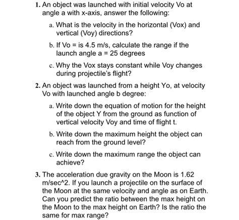 solved 1 an object was launched with initial velocity vo at