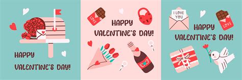 장미 초콜릿 선물 사랑의 상징 등 로맨틱한 일러스트가 그려진 플랫 스타일의 발렌타인 데이 카드 세트입니다 사랑을 축하하고 따뜻한 인사를 하기에 완벽합니다 공휴일에 대한 스톡