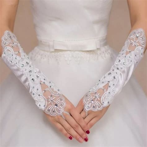 1 쌍 화이트 신부 장갑 우아한 Applqiue 라인 석 핑거리스 장갑 신부 웨딩 장갑 액세서리bridal Gloves Aliexpress