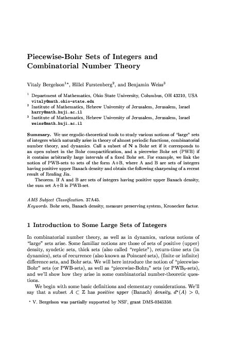 Pdf Piecewise Bohr Sets Of Integers And Combinatorial Number Theory