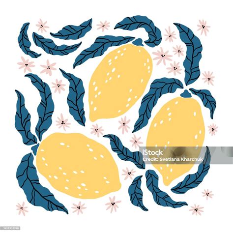 레몬 세트 벡터 손으로 그린 감귤류 과일 잎 및 꽃 간단한 평면 스칸디나비아 스타일의 만화 일러스트레이션 인쇄 스크랩북 포장 주방 디자인에 이상적 개체 그룹에 대한 스톡