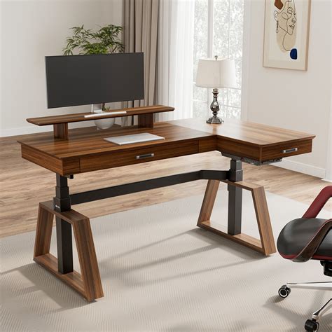 Eureka 63 L Shape Classic Executive Standing Desk With Walnut Finish