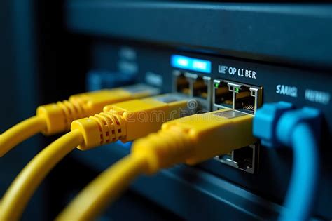 Network Server Close Up Showing Yellow Ethernet Cables Connected To Data Ports For Internet