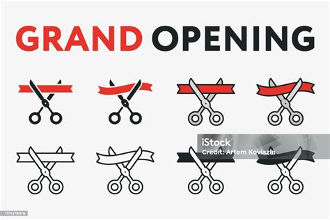 그랜드 오프닝 세레머니 컨셉 가위 컷 빨간 리본 플랫 선 벡터 아이콘 세트 열기에 대한 스톡 벡터 아트 및 기타 이미지 열기 0명 가위 Istock