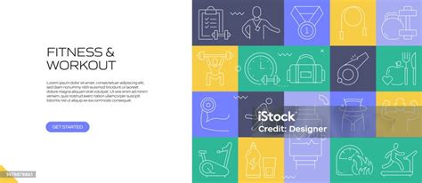 피트니스 및 운동 선형 아이콘이있는 웹 배너 트렌디 한 선형 스타일 벡터 건강한 생활방식에 대한 스톡 벡터 아트 및 기타 이미지 건강한 생활방식 근육 근육질 체격
