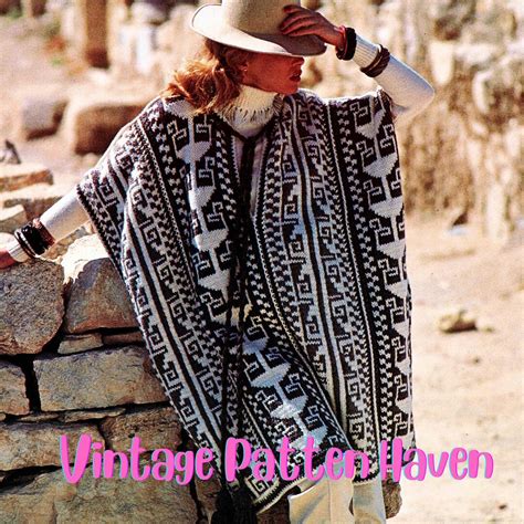 Vintage Mexican Poncho Knitting Pattern Pdf Aztec Spiral Square