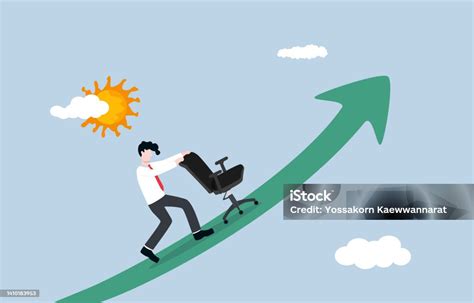 경력 진보 또는 직업 승진 직장에서 더 성공하기위한 자기 동기 부여 목표 개념에 도달하기위한 노력을 위해 열심히 노력하십시오 사무실 의자를 상승 그래프로 밀어 올리는 확고한