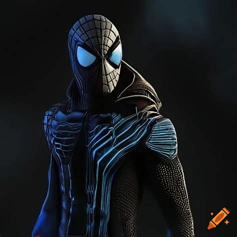 The Spider Man Suit Have Hood And Mask And Is Predominantly Black With