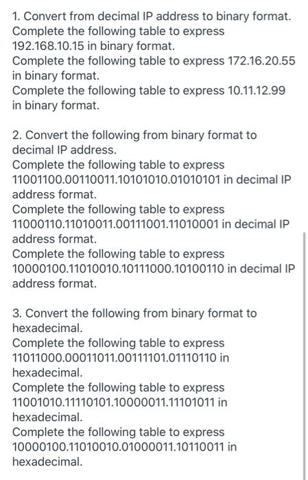 Solved 1 Convert From Decimal Ip Address To Binary Format