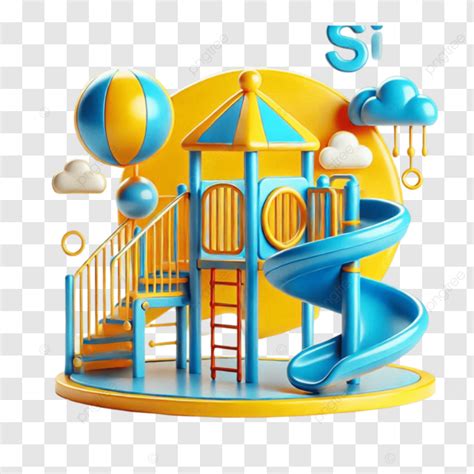 아이들의 야외 놀이 재미를 위해 디자인된 슬라이드 볼을 갖춘 다채로운 파란색과 노란색 놀이터 운동장 파란색과 노란색 놀이터 미끄럼틀이 있는 놀이터 Png 일러스트 및