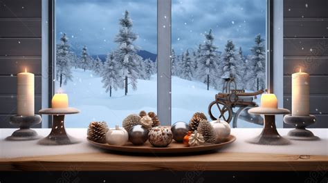 눈 덮인 풍경을 배경으로 나무 테이블을 배경으로 한 숨막히는 3d 겨울 원더랜드 크리스마스 장면 리스 배경 원더 배경 겨울 배경 이미지 Hd 리스 원더 겨울 배경