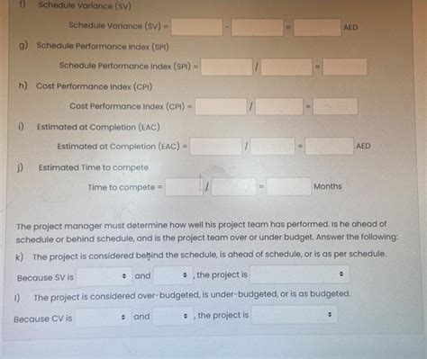 Solved Cost Variance Cv Aed F Schedule Variance Sv