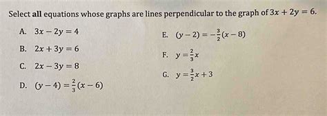 solved select all equations whose graphs are lines perpendicular to