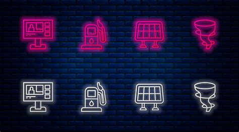 세트 라인 휘발유 또는 주유소 태양 에너지 패널 텔레비전 보고서 및 토네이도 벽돌 벽에 빛나는 네온 아이콘입니다 벡터 0명에 대한 스톡 벡터 아트 및 기타 이미지 Istock