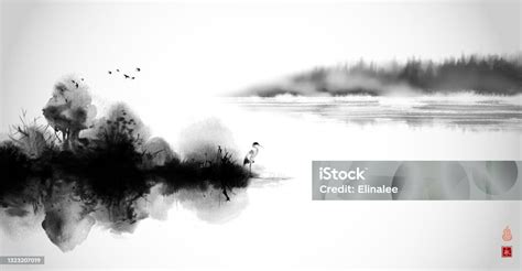 숲 나무안개 섬 전통적인 동양 잉크 페인팅 스미e U죄 고화 상형 문자 영원 종이에 대한 스톡 벡터 아트 및 기타 이미지 종이 물 나무 Istock