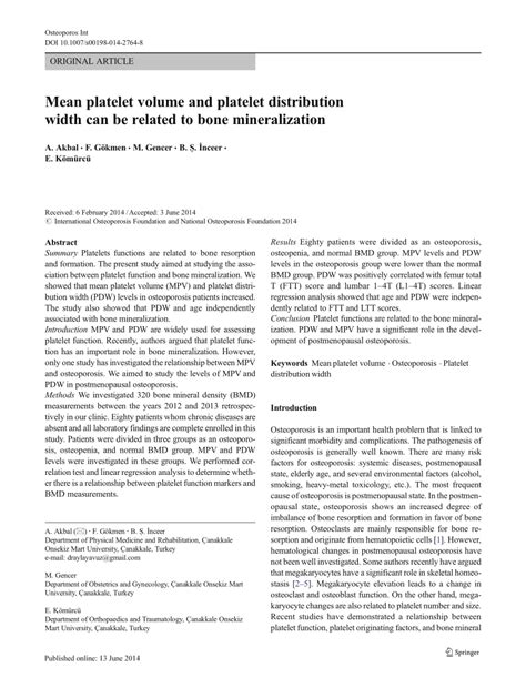 Pdf Mean Platelet Volume And Platelet Distribution Width Can Be Related To Bone Mineralization