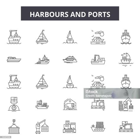 항구 라인 아이콘 기호 설정 벡터 항구 개요 개념 그림 항만 항만 컨테이너 운송 선박 항구에 대한 스톡 벡터 아트 및 기타 이미지 Istock