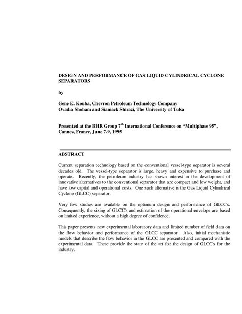 Pdf Design And Performance Of Gas Liquid Cylindrical Cyclone Separators